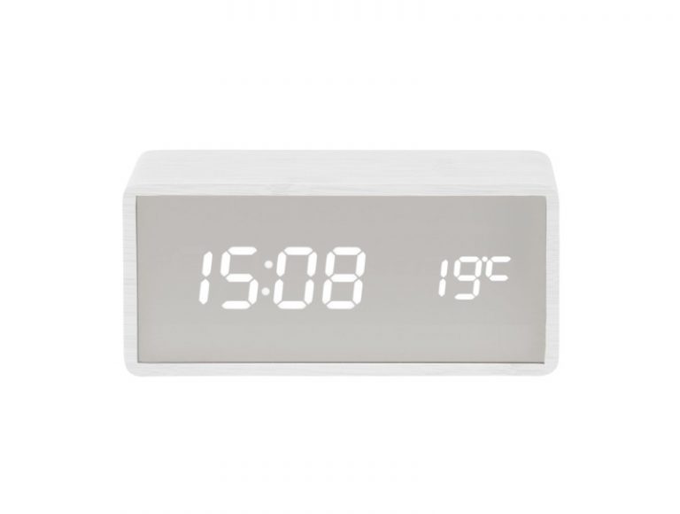 Karlsson Alarm Clock Silver Mirror LED White Wood Veneer 7 x 15 x 4.5 ...